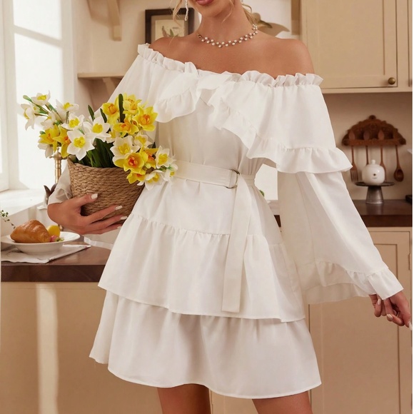 BellanBlue | Dresses | Boho White Ruffle Hem Belted Off Shoulder Mini ...
